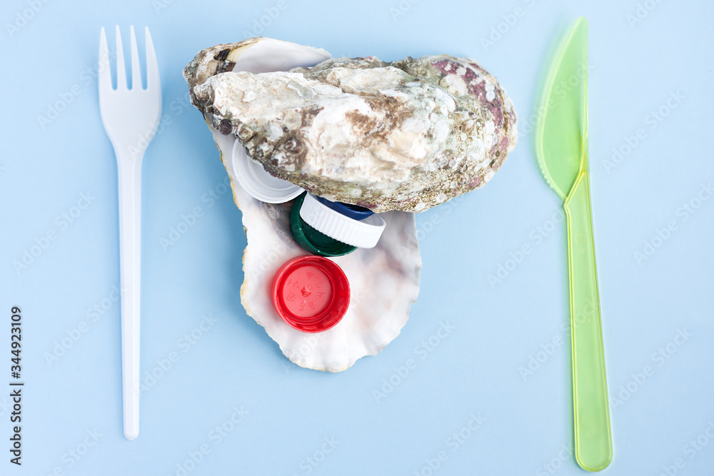 Seashell from oyster with colorful plastic bottle caps. Plastic ...