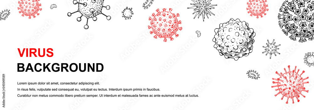 Horizontal virus banner with hand drawn design elements. Microscope ...