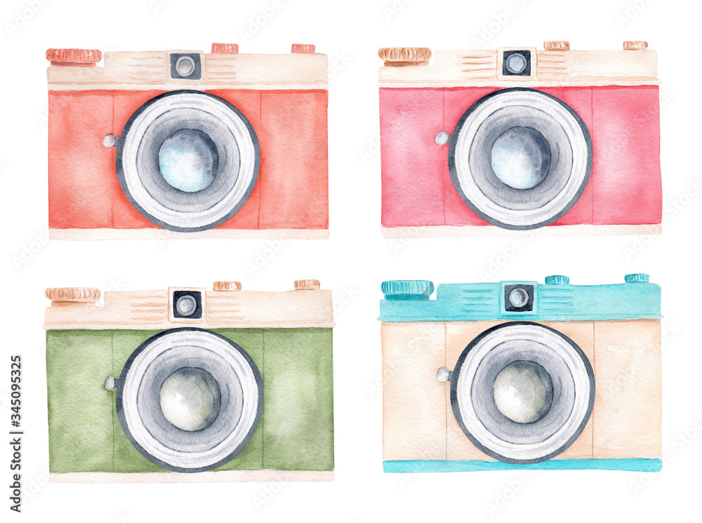 Pastel color retro cameras watercolor clipart collection. Hand painted ...