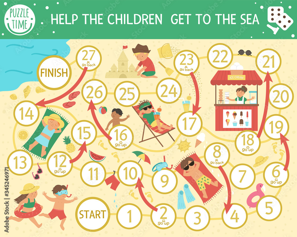 Summer board game for children with kids playing on the beach, ice ...
