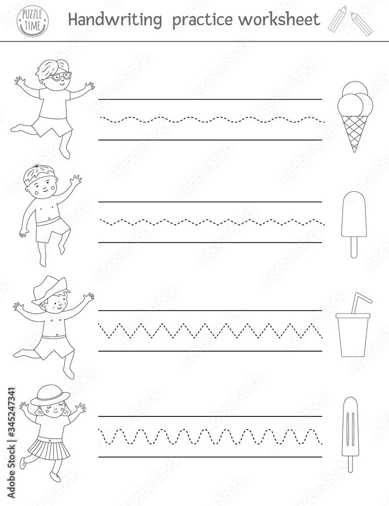 Vector handwriting practice worksheet. Printable black and white ...