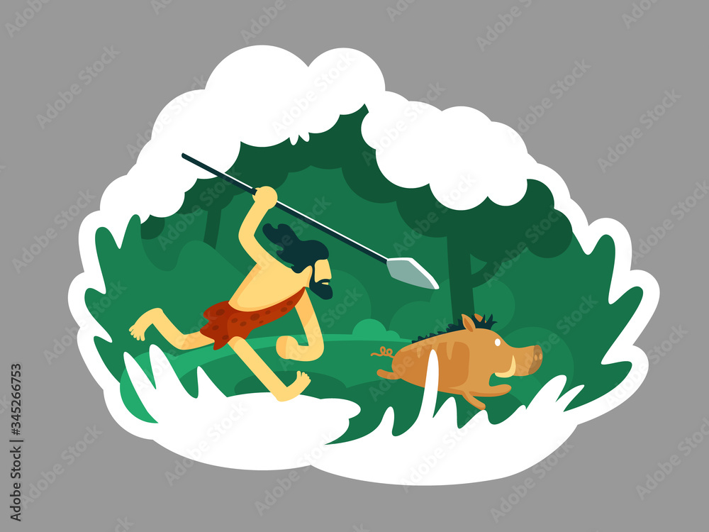 Hunter 2D vector web banner, poster. Ancient man with beard chase wild ...
