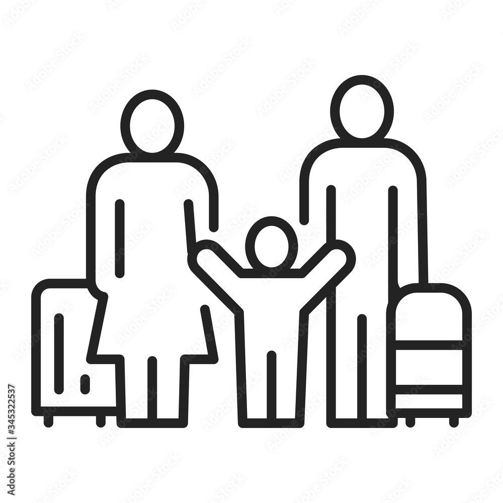 Family travel black line icon. Father mother and kid with luggage at ...