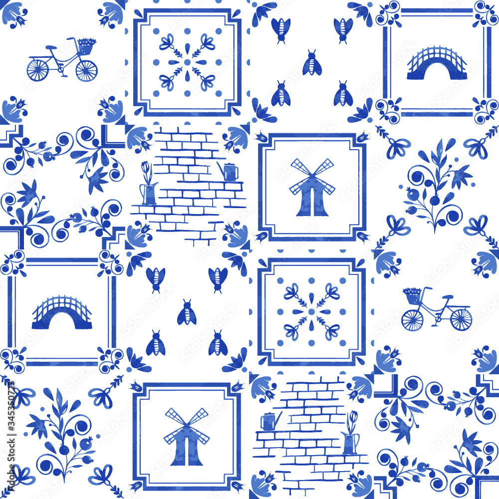 Watercolor seamless patterns with dutch ornaments. floral elements and ...