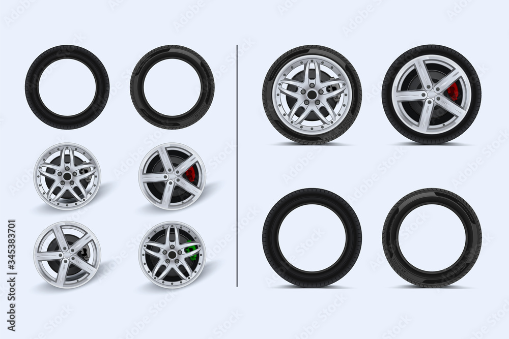 Car wheels set. Different wheels on land transport. Realistic shining ...