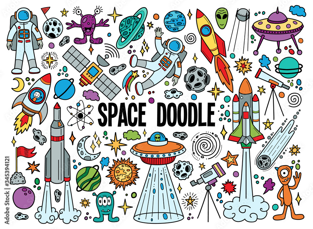 Hand drawn doodles cartoon set of space objects and symbols. Color ...