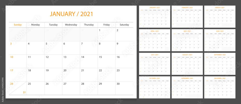 Calendar 2021 week start Sunday corporate design planner template ...