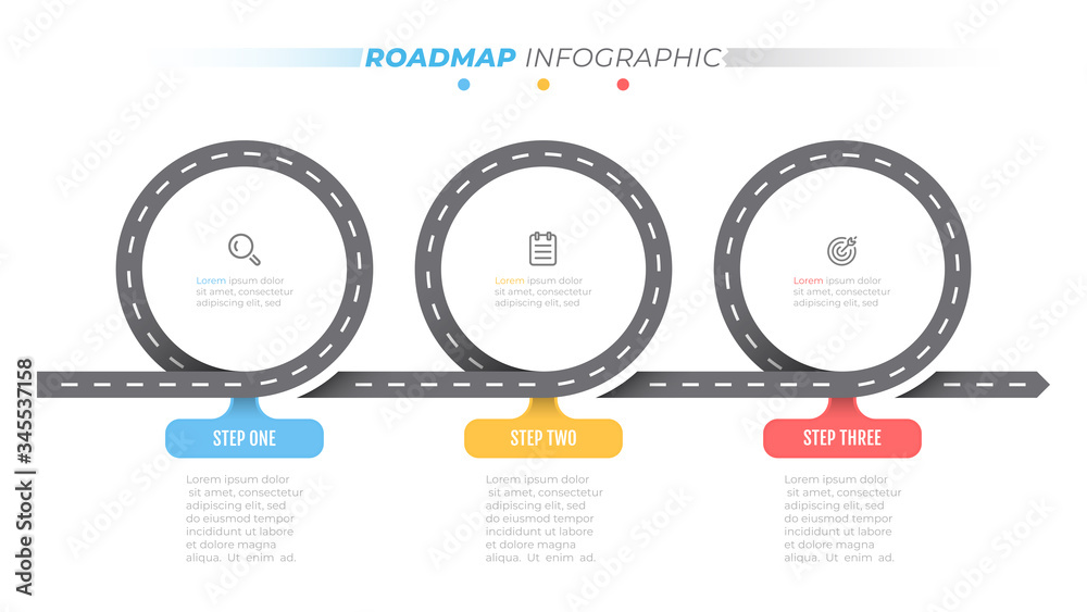 Road map infographic template. Timeline with 3 steps, options. Business ...