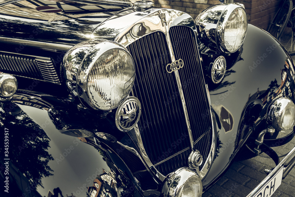 Black Horch 8 Type 350 from 1929 with chromed radiator grille, Close-up ...
