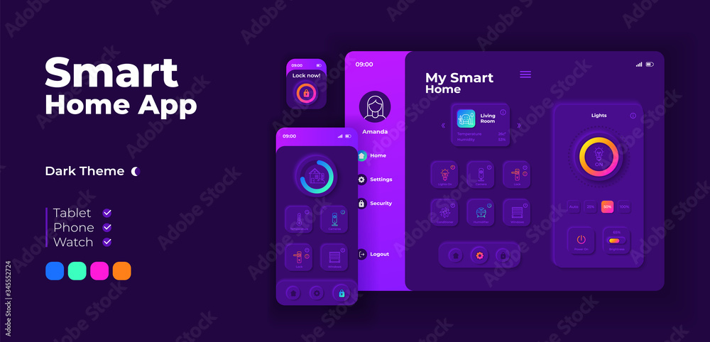 Smart home app screen vector adaptive design template. Household automation application night ...