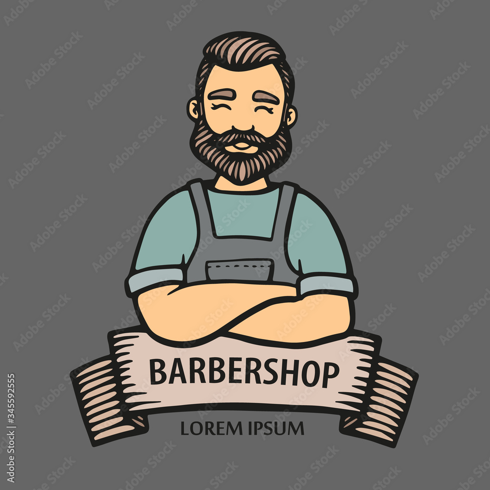 Barbershop logo. Hand-drawn hipster dude with mustache, beard with ...