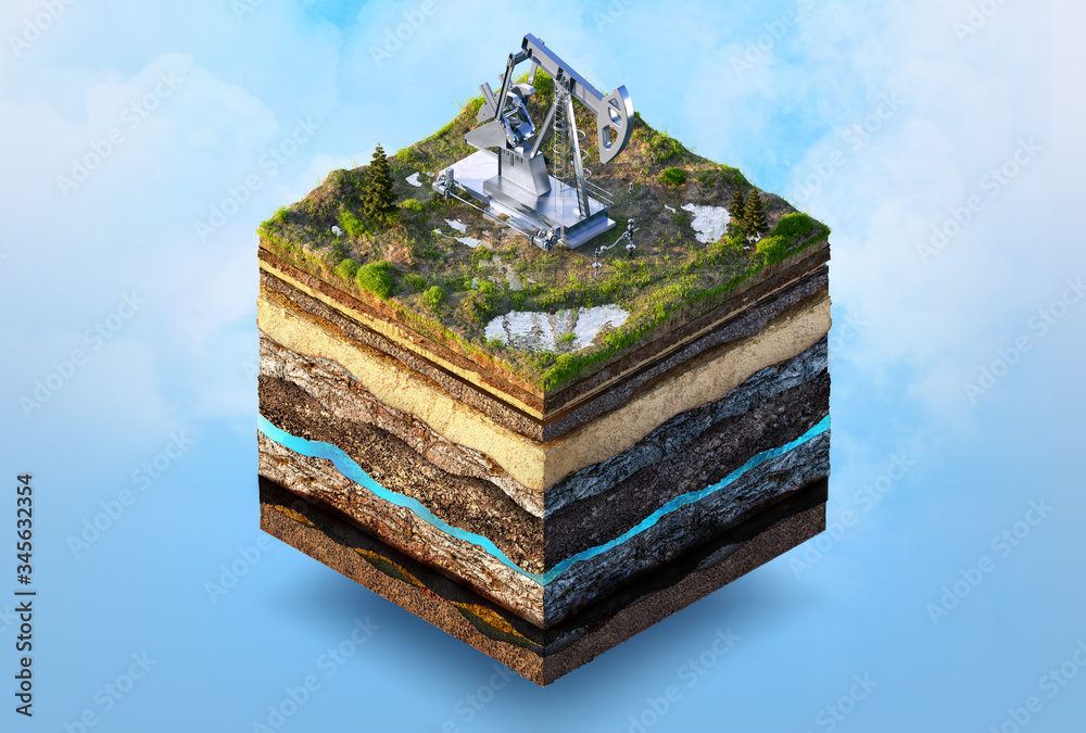 Oil drilling, extraction 3D isometric illustration. Soil layers, ground ...