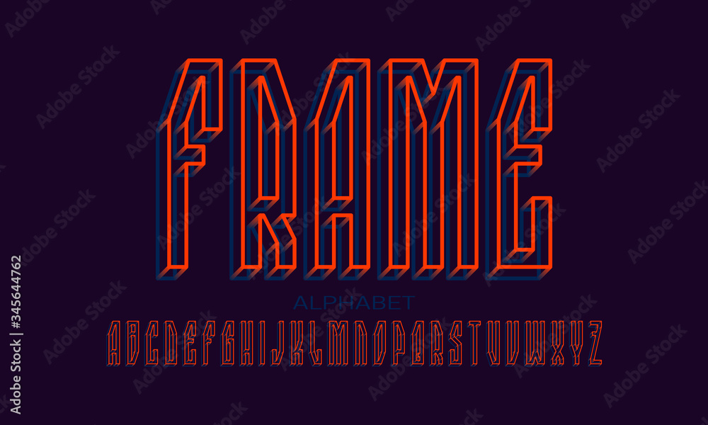 Frame alphabet of orange blue wireframe 3d letters. Volumetric luminous ...