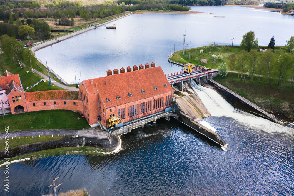 Operating hydroelectric power station, top view. Green energy ...