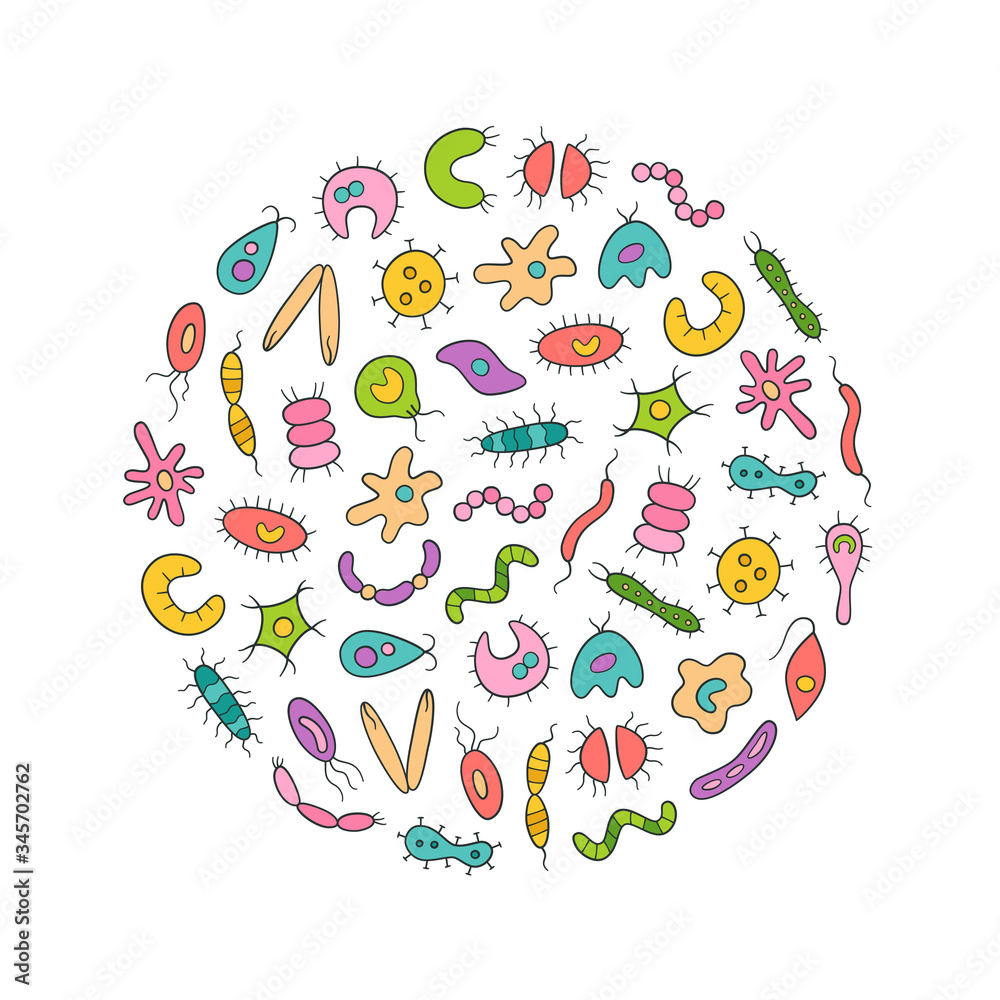Microbes, virus, bacterias and pathogen icons colorful set. Abstract ...