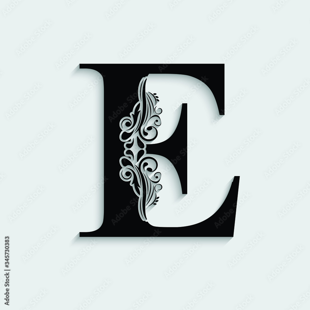letter E. Black flower alphabet. Beautiful capital letters with shadow ...