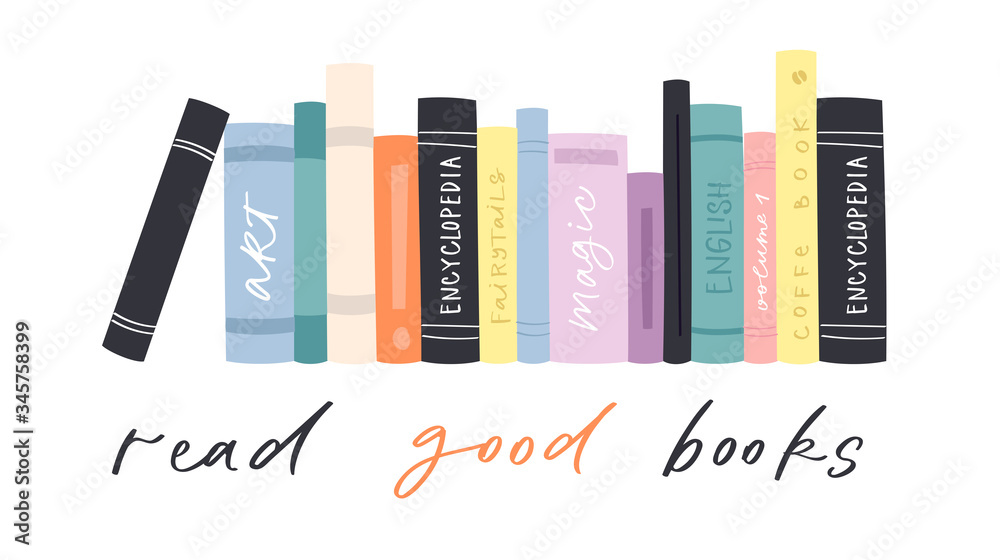 Cartoon hand drawn vector Illustration of books with calligraphy text ...
