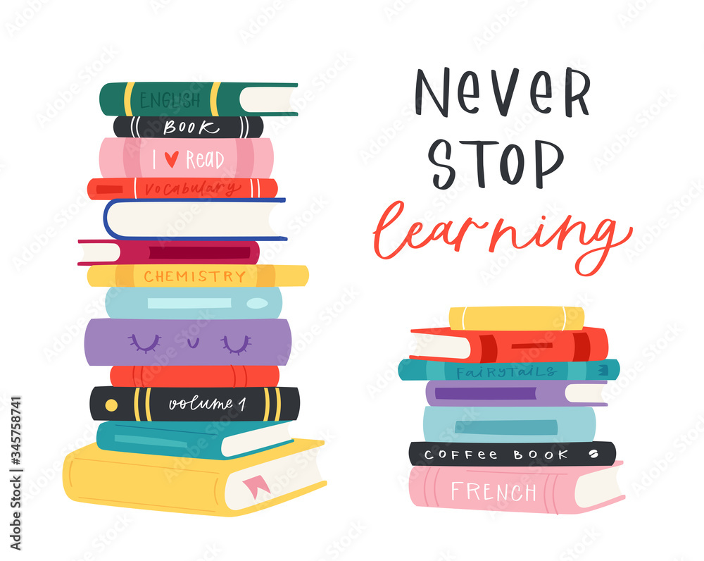 Cartoon hand drawn vector Illustration of books with calligraphy text ...