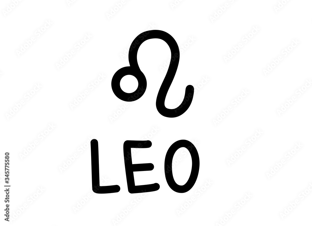 Leo. Handwritten name and icon of sign of zodiac. Modern marker. Black ...