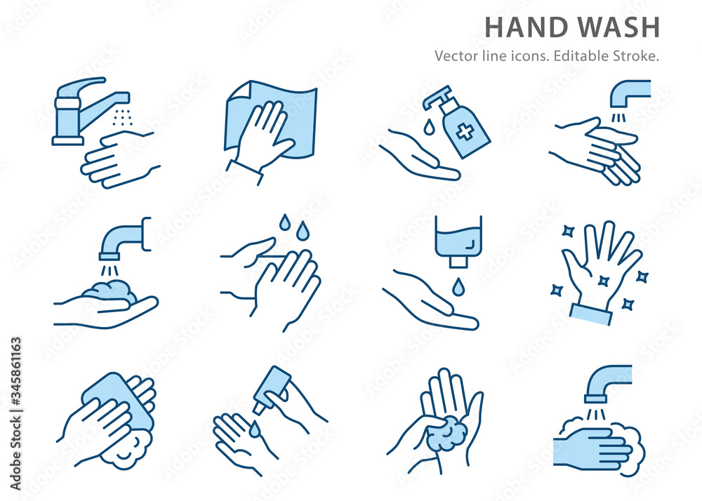 Washing hands line icon set. Vector illustration. Editable stroke ...