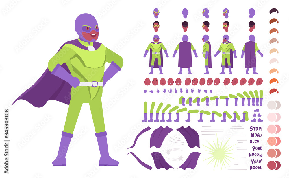 Male super hero in bright costume construction set with motion, sound ...