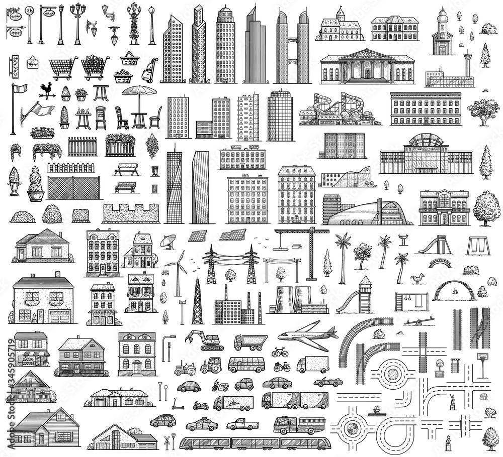 City map elements illustration, drawing, engraving, ink, line art ...