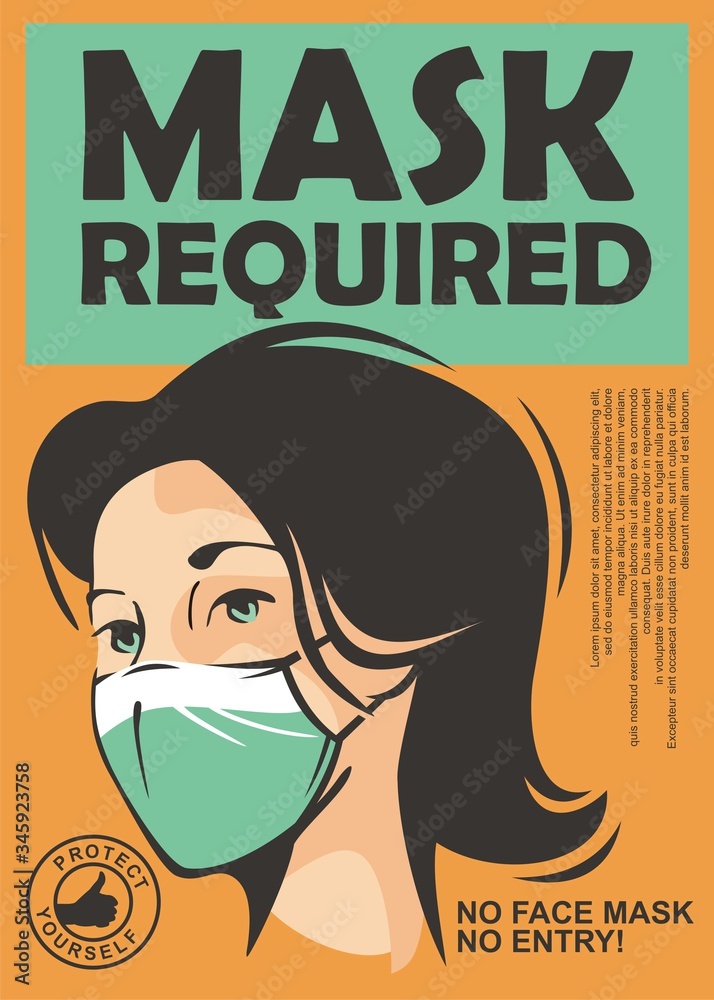 Mask required warning sign with young girl wearing face mask. Vector ...