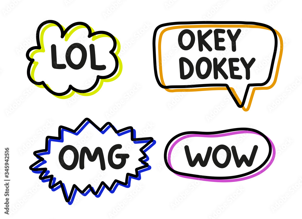 Lettering illustration lol wow omg okey dokey. Handwritten phrases in ...