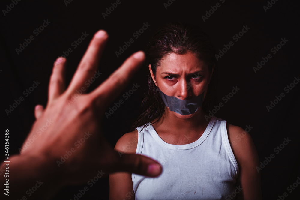 Kidnapping use hand covering girl mouth, close up woman's face feeling ...