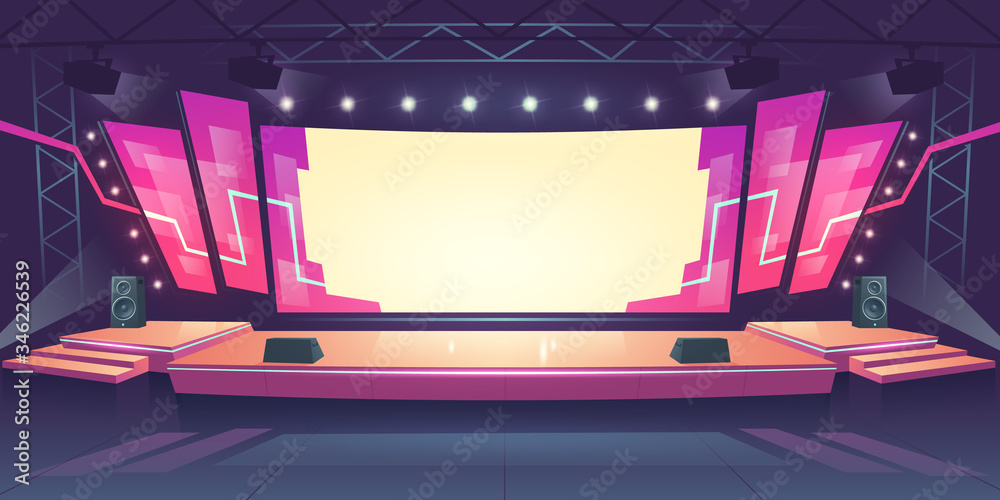 Concert stage with screen illuminated by spotlights. Vector cartoon ...
