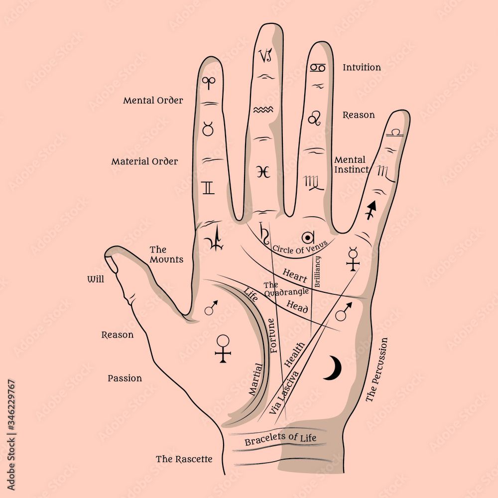 Palmistry and Occult Art Drawing. Open hand lines and symbols mystical ...