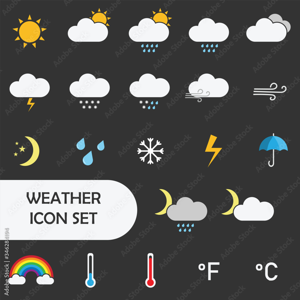 Weather forecast icon set. Vector illustration. Isolated on black ...