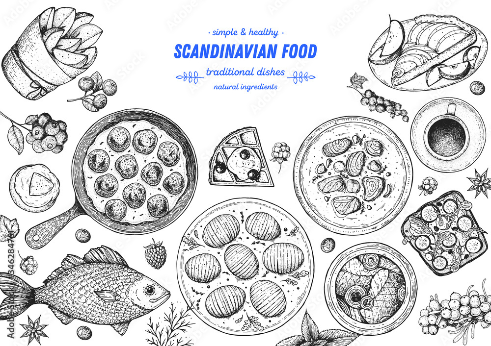 Scandinavian cuisine top view frame. Smorgasbord illustration. A set of ...