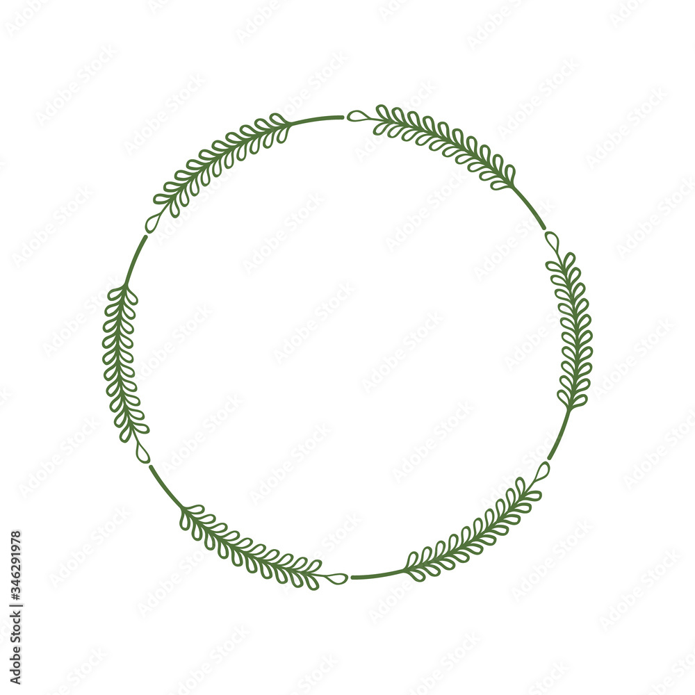 Round frame of green twigs with leaves. Design template for logo, tag ...