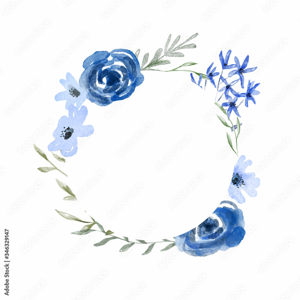 Watercolor blue rose flower circle frame Stock Vector | Adobe Stock