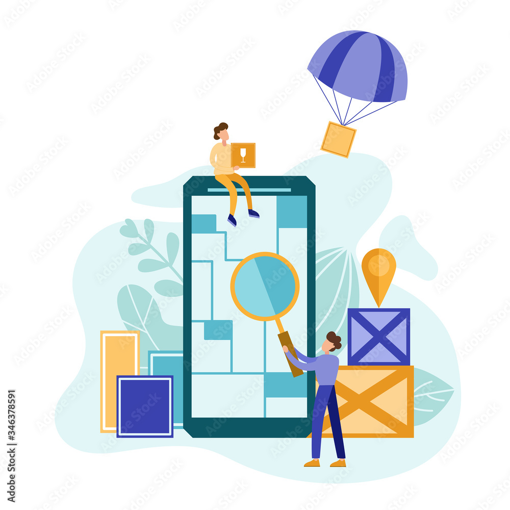 Contactless delivery concept in flat style. Package is flying on ...