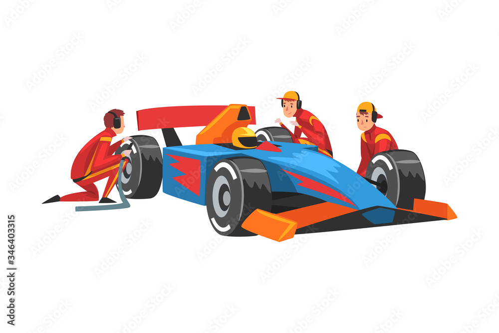 Pit Stop Crew Members in Uniform Changing Tire Wheels, Professional ...