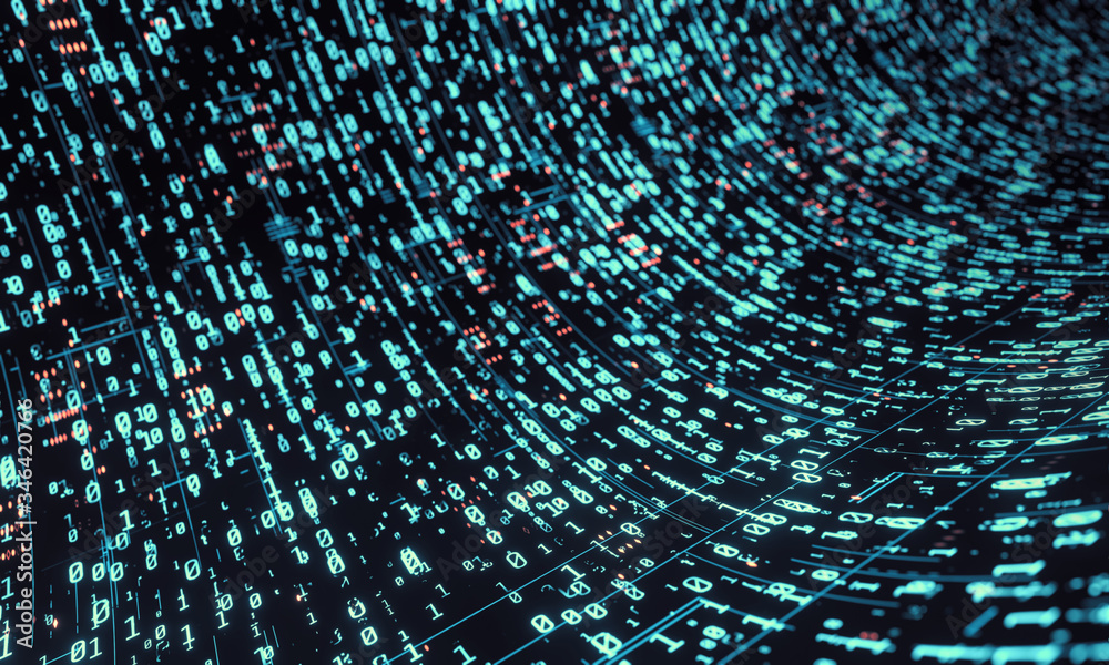 3D Rendering of blur binary data background in blue color tone. Depth of field effect applied ...