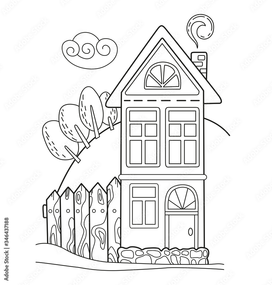 Cartoon coloring page with cute house. Vector illustration Stock Vector ...