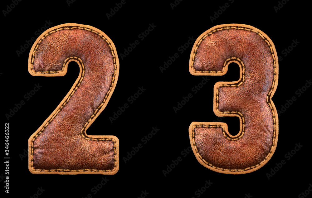 Set of numbers 2, 3 made of leather. 3D render font with skin texture ...