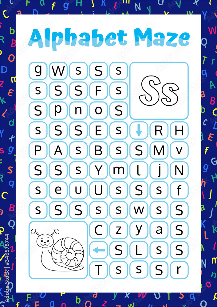 Alphabet Maze. Letter S - Snail. Educational Puzzle Worksheet. Vector ...