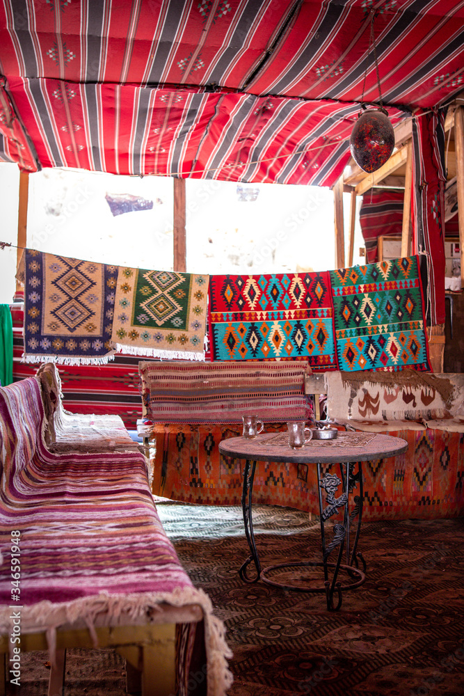 Traditional Bedouin weaving craft, interior design of a local Bedouin ...