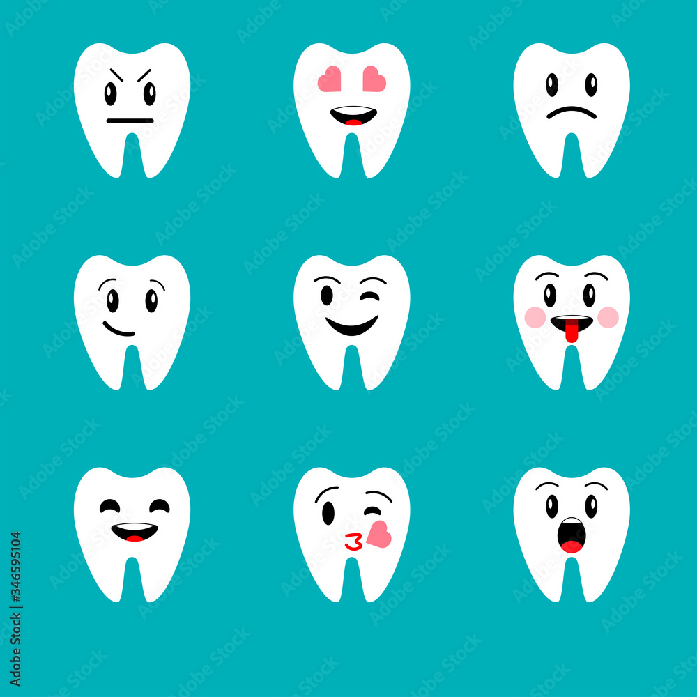 Dentistry Cute cartoon tooth, emotions.Vector illustration set of teeth ...