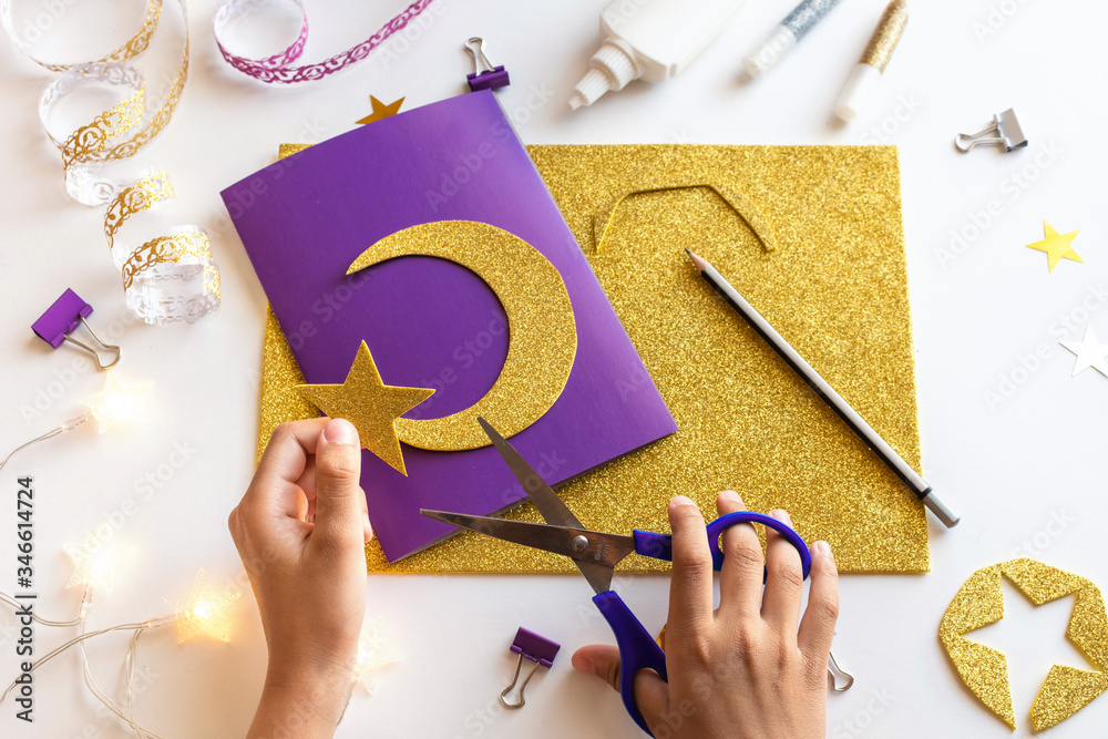3 Diy Ramadan kareem card with golden crescent moon and a star. Gift ...