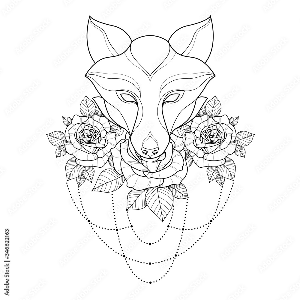 Linear hand drawing fox with roses flowers for greeting card ...