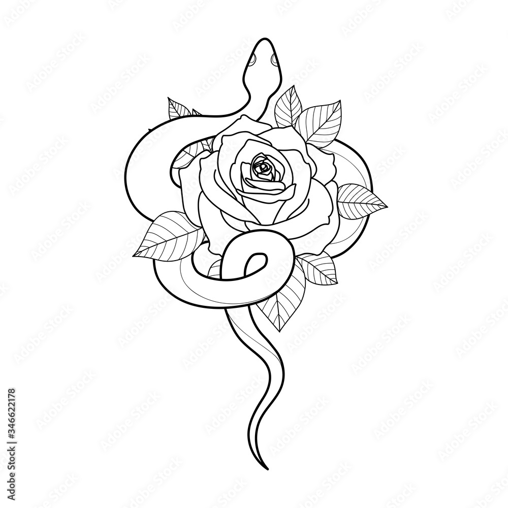 Hand drawing outline snake with rose. Tattoo snake for Henna drawing ...