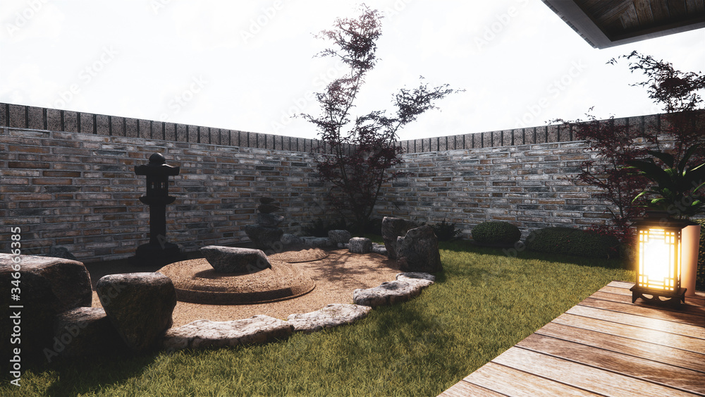 Japanese garden tropical exterior design japan style.3D rendering Stock ...