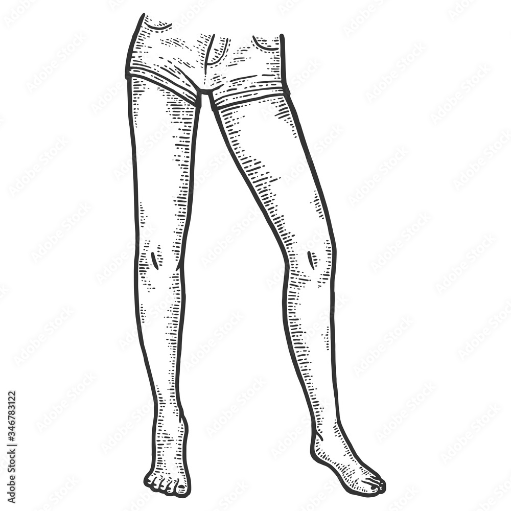 Barefoot. Bare female legs in short shorts. Sketch scratch board ...
