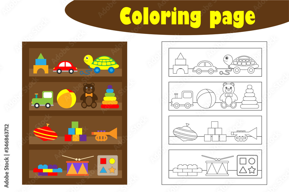 Shelves with toys in cartoon style, coloring page, education paper game ...