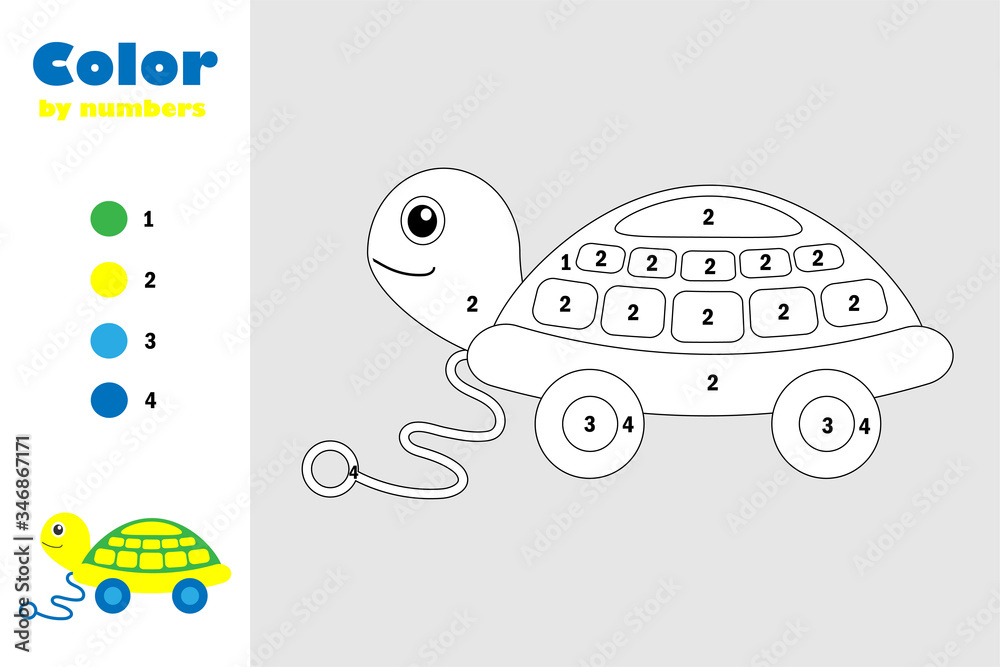 Turtle toy in cartoon style, color by number, education paper game for ...